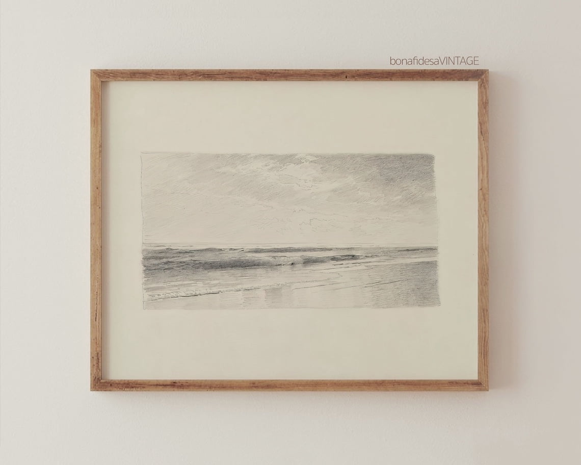 Vintage Graphite Seascape Print Poster - Coastal Wall Art Poster ...