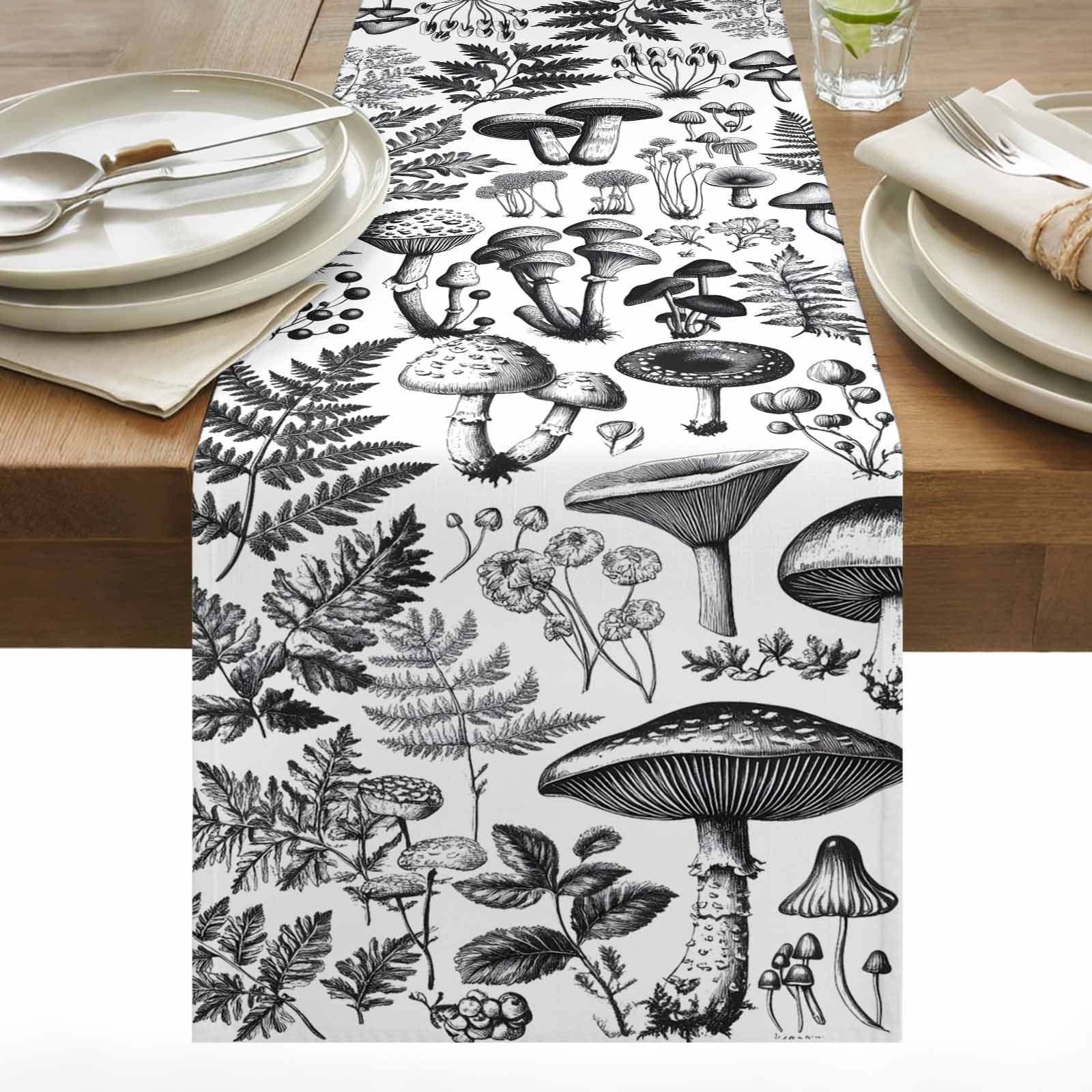 Vintage Gray Mushroom Cotton Linen Table Runner Idyllic Plant Leaf ...
