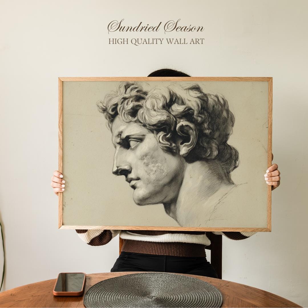 Vintage Greek Male Statue Head Drawing Print, Classic Greco-Roman Bust ...
