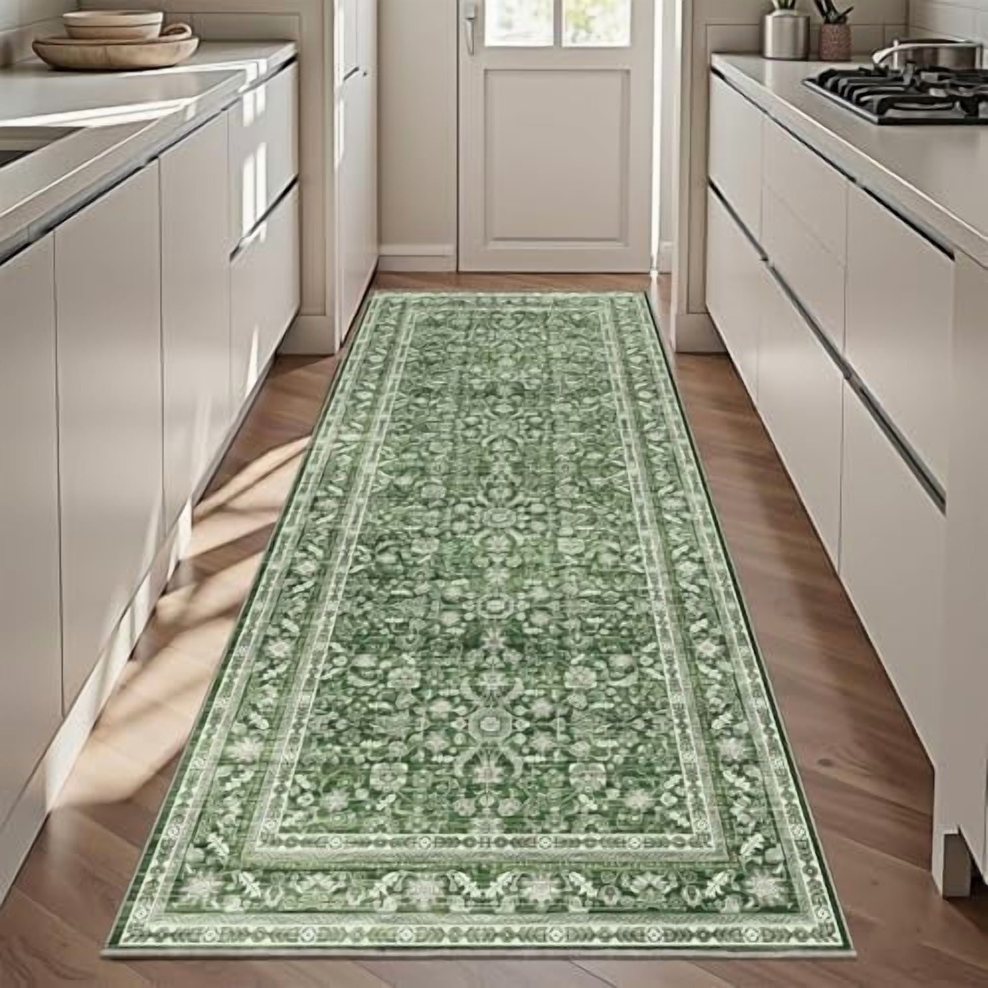 Vintage Green 3x6 Runner Rug, 3 x 6 Retro Washable Rug Non Slip, Low ...