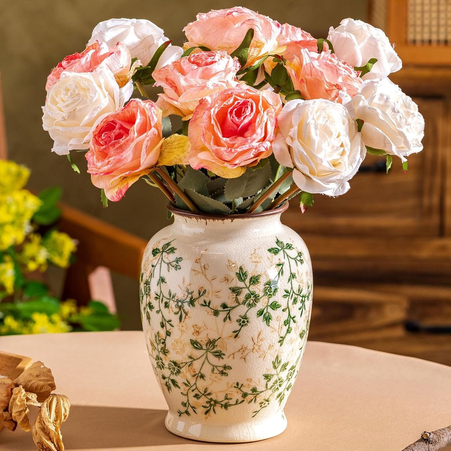 Vintage Green and Beige Vase, Round Ceramic Floral Vases, Retro Ice Cracked Chinoiserie Vase for ...