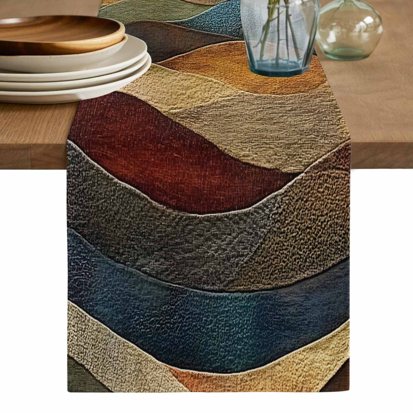 Vintage Green Blue Table Runner, Farmhouse Retro Art Washable Cotton ...