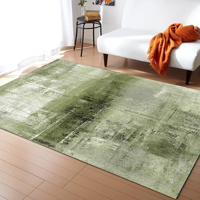 Vintage Green Doodle Area Rug, Modern Geometric Oil Painting Abstract ...