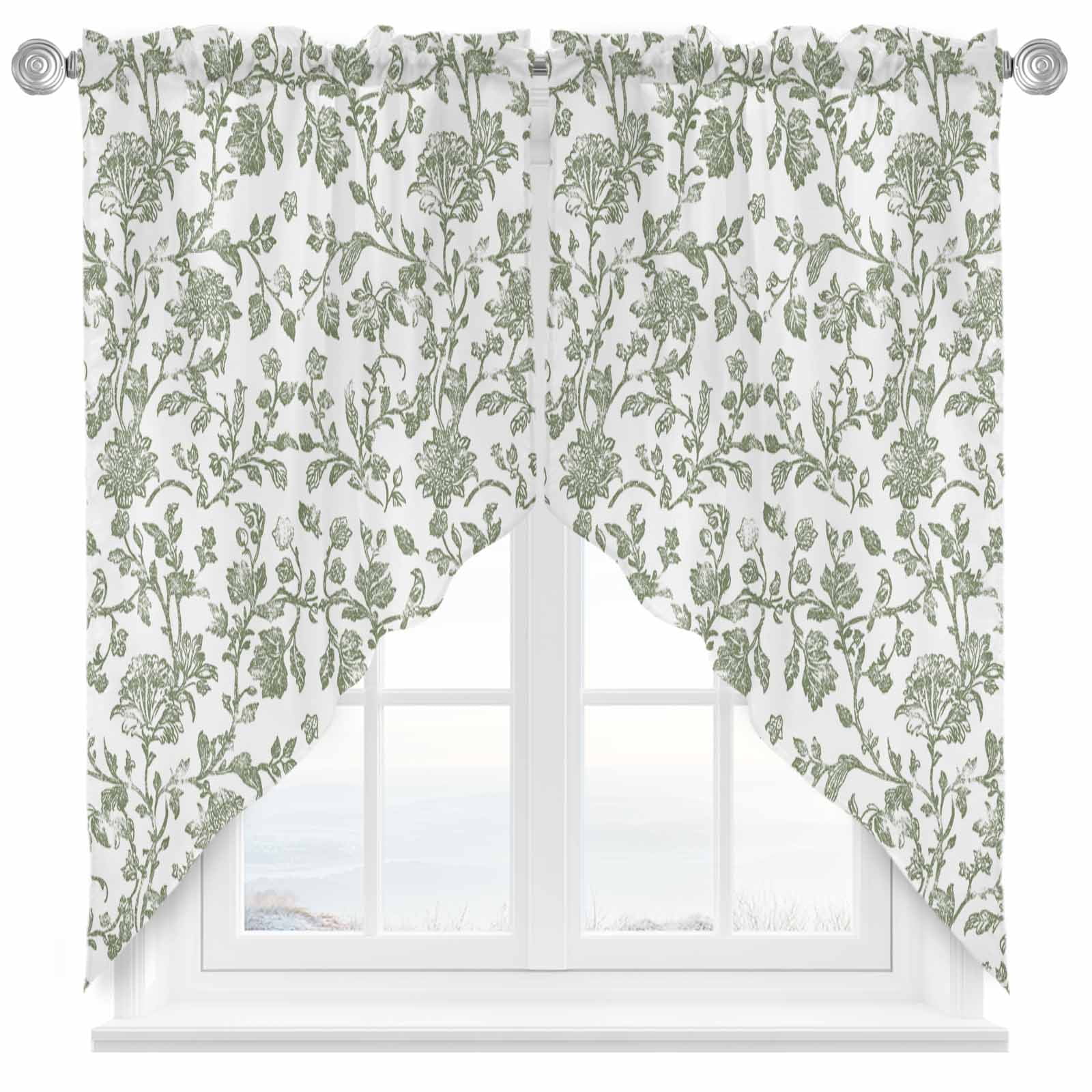 Vintage Green Floral Swag Valances for Windows 2 Pack Farmhouse Flower ...