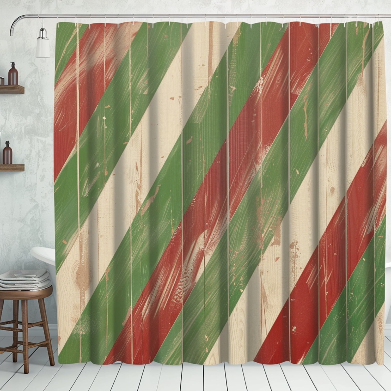 Vintage Green And Red Retro Diagonal Stripes Shower Curtain Wood Grain
