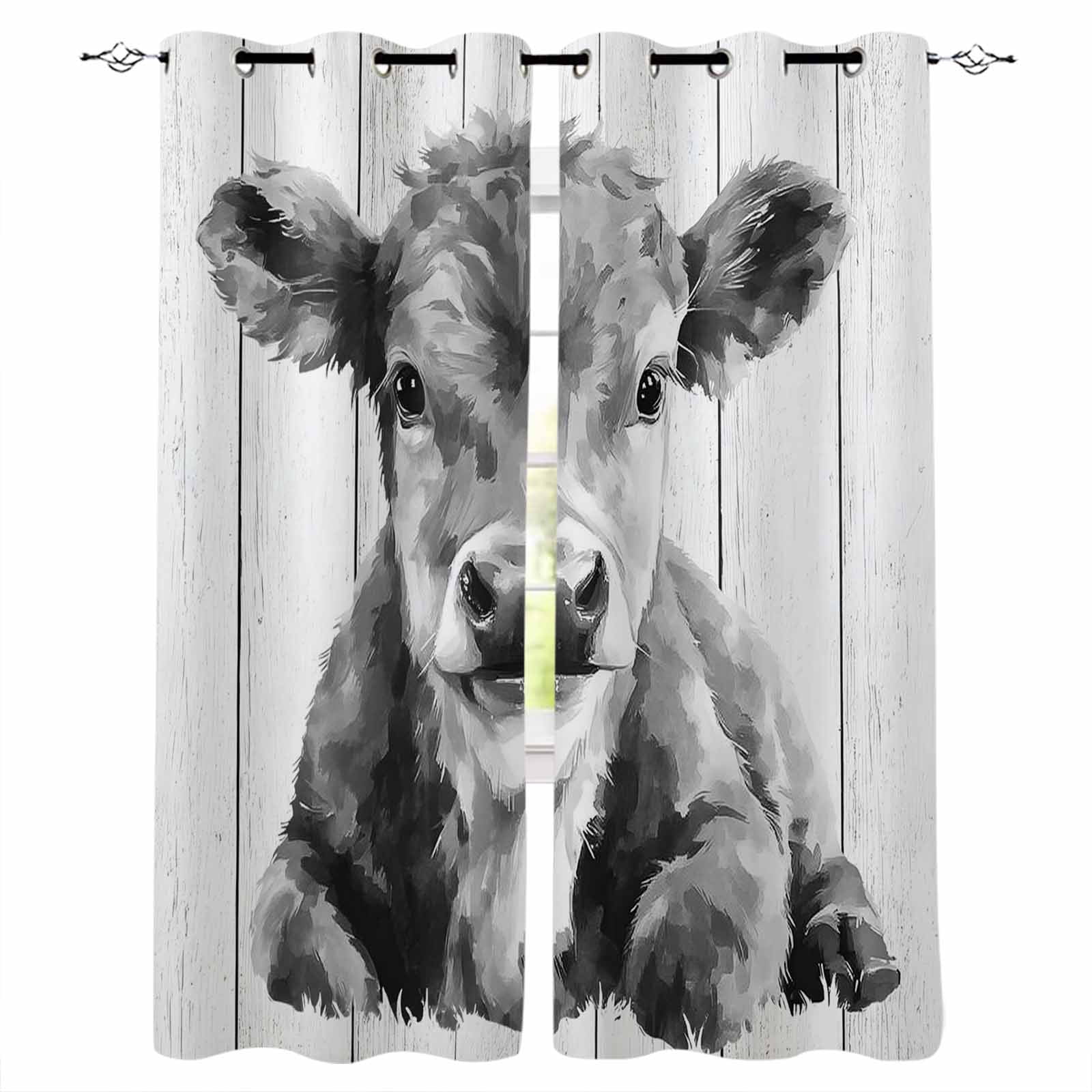 Vintage Grey Cow Blackout Curtains for Bedroom/Living Room, Wooden ...