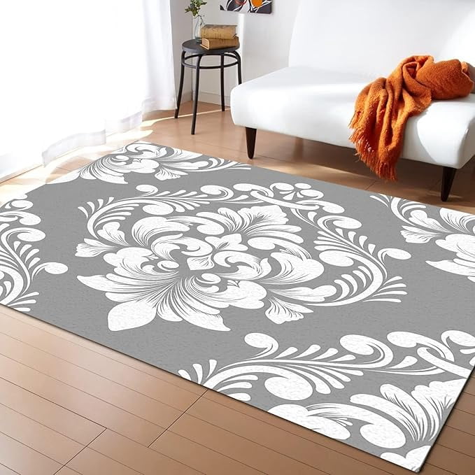 Vintage Grey Floral Area Rugs, Pattern Easy Clean Rug, Soft Non-Skid ...