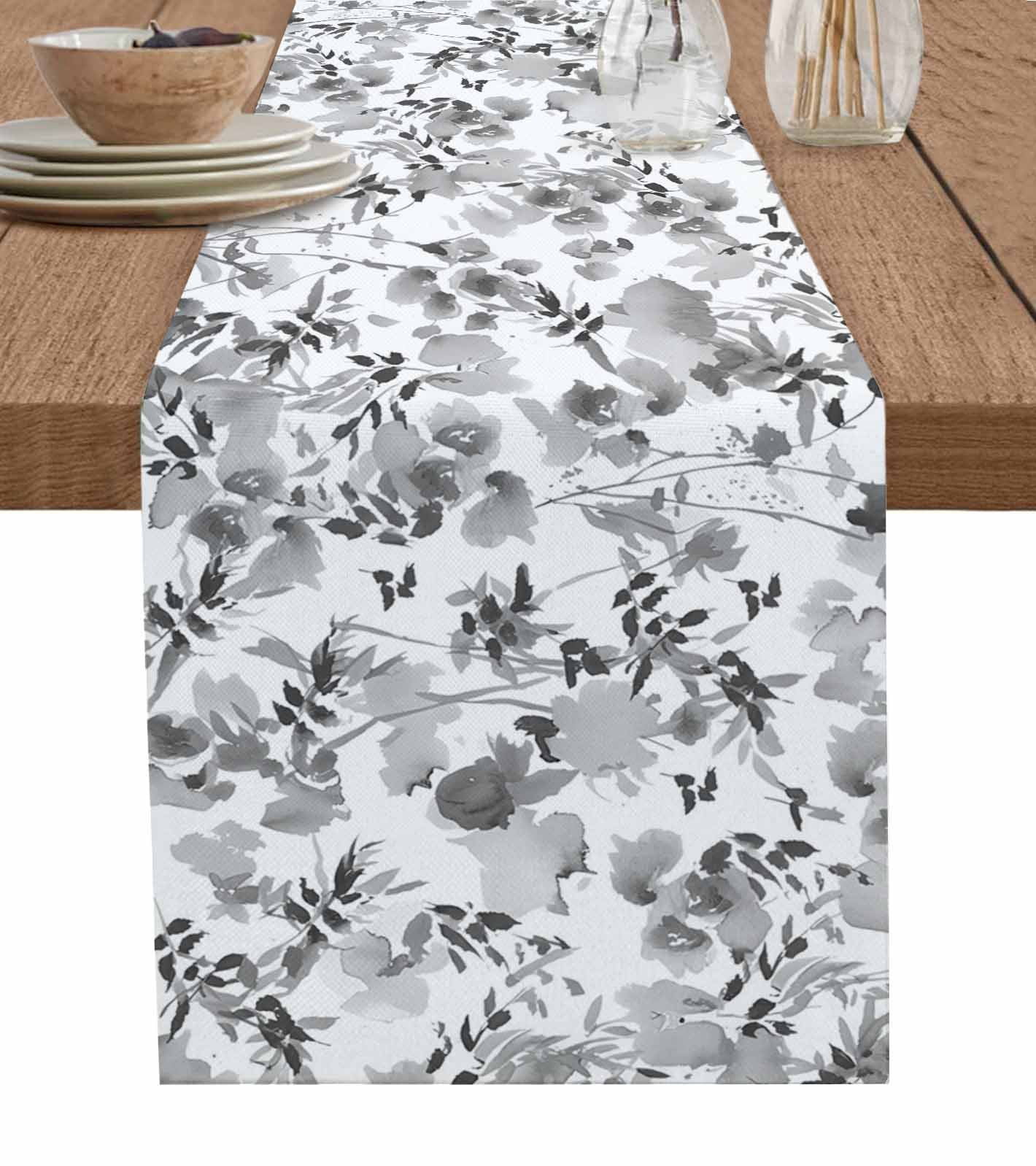 Vintage Grey Flower Short Table Runners 36 Inches, Cotton Linen Fabric ...