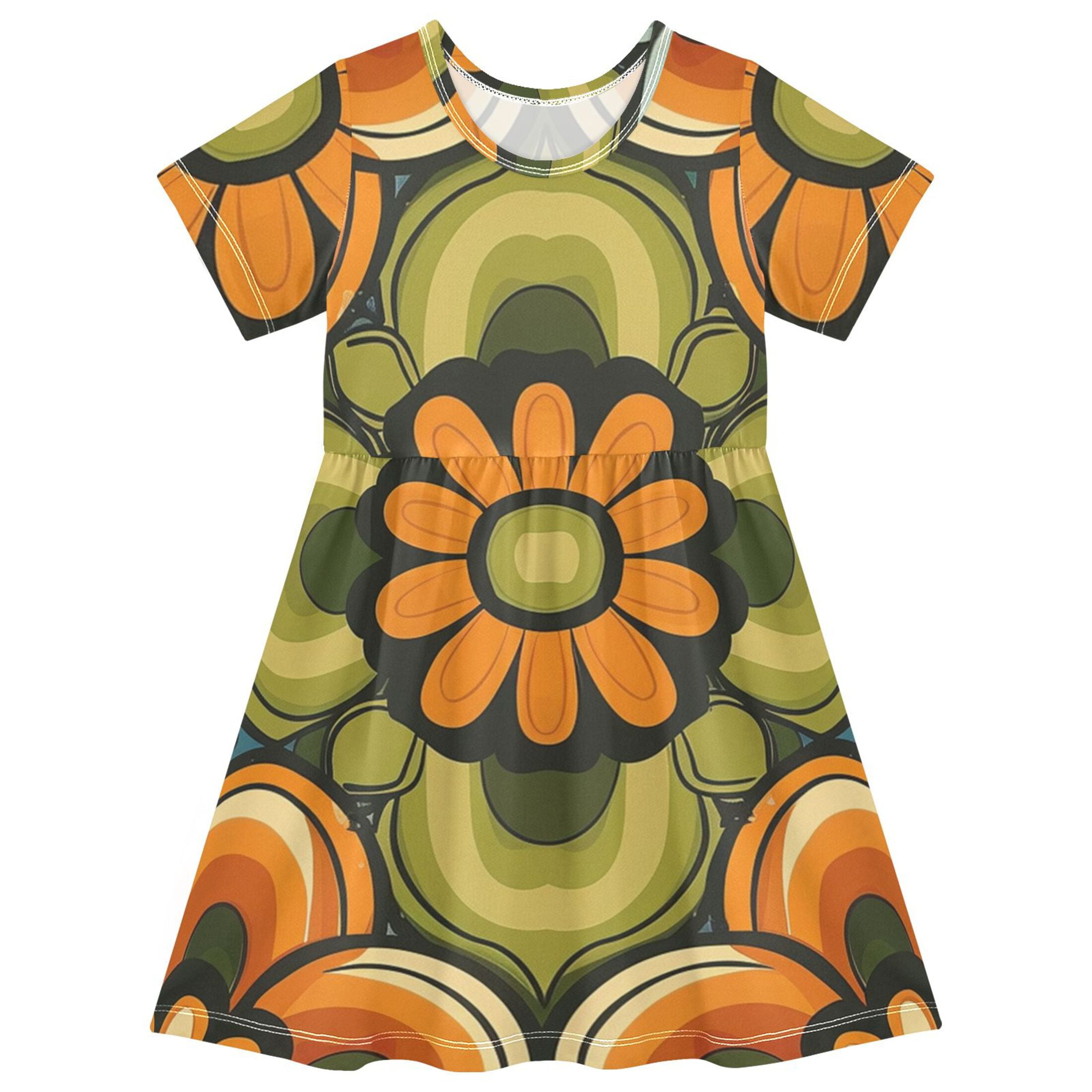 Vintage Groovy Flower Patterns Girls' Short Sleeve Dress A-Line One ...