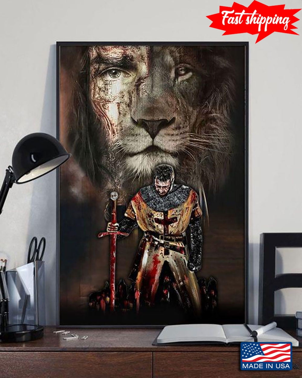 Vintage Half Face Of Jesus & Half Face Of Lion With Kneeling Knight 11 ...