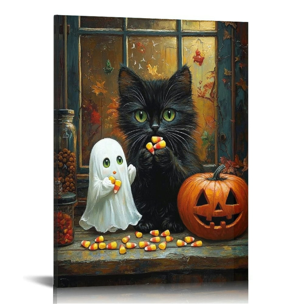 Vintage Halloween Black Cat and Ghost Pumpkin Canvas Wall Art Painting ...