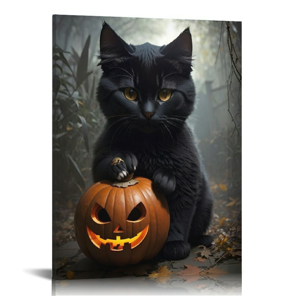 Vintage Halloween Black Cat and Pumpkin Canvas Wall Art Painting,Gothic ...