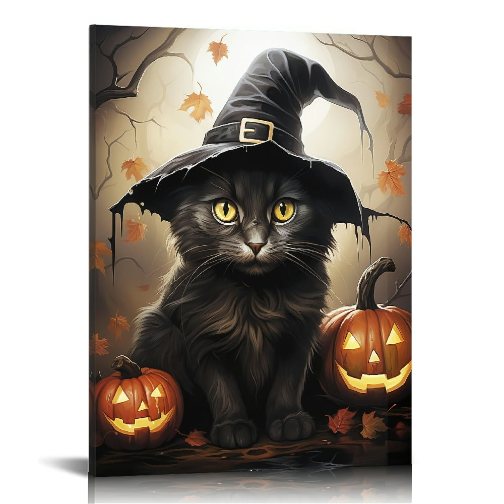 Vintage Halloween Black Cat and Pumpkin Canvas Wall Art Painting,Gothic ...