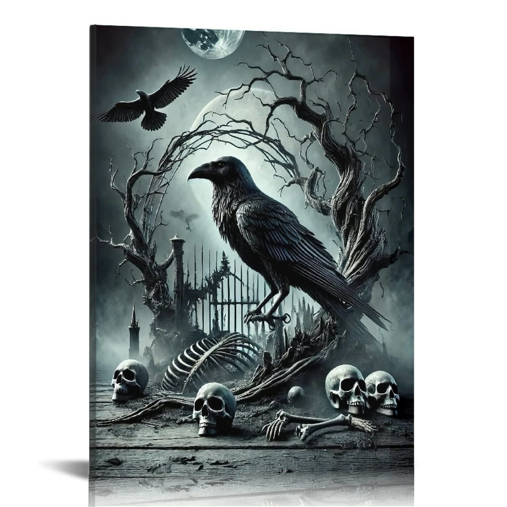 Vintage Halloween Crow and Skull Canvas Wall Art Painting,Gothic Print ...
