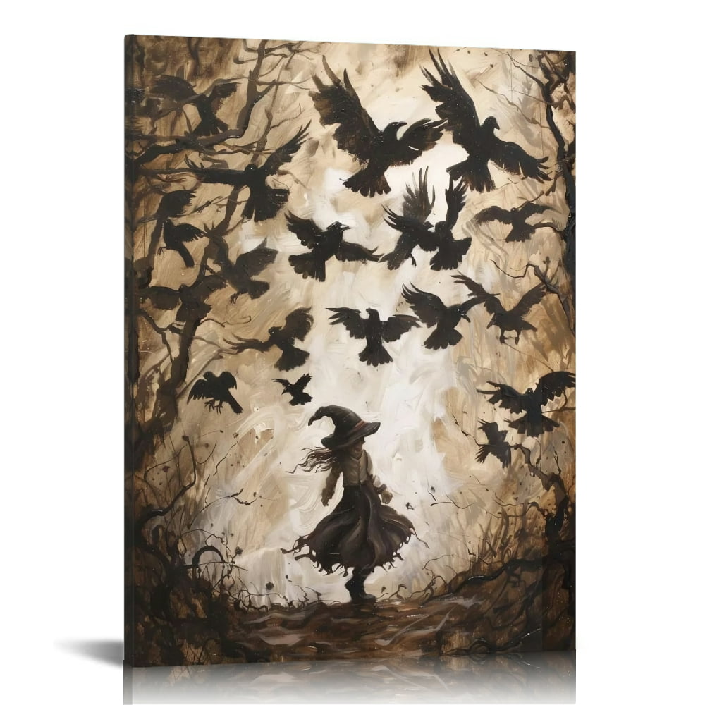 Vintage Halloween Crow flock and witch Canvas Wall Art Painting ，Gothic ...