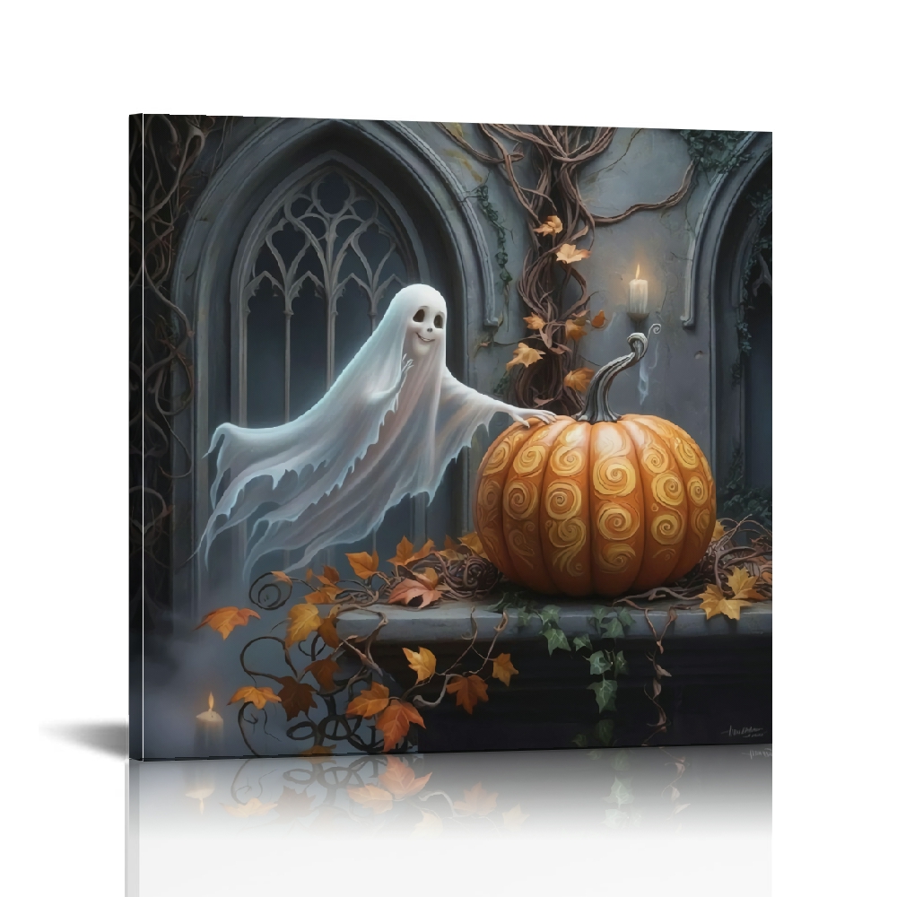 Vintage Halloween Cute Ghost and Pumpkin Canvas Wall Art Painting ...