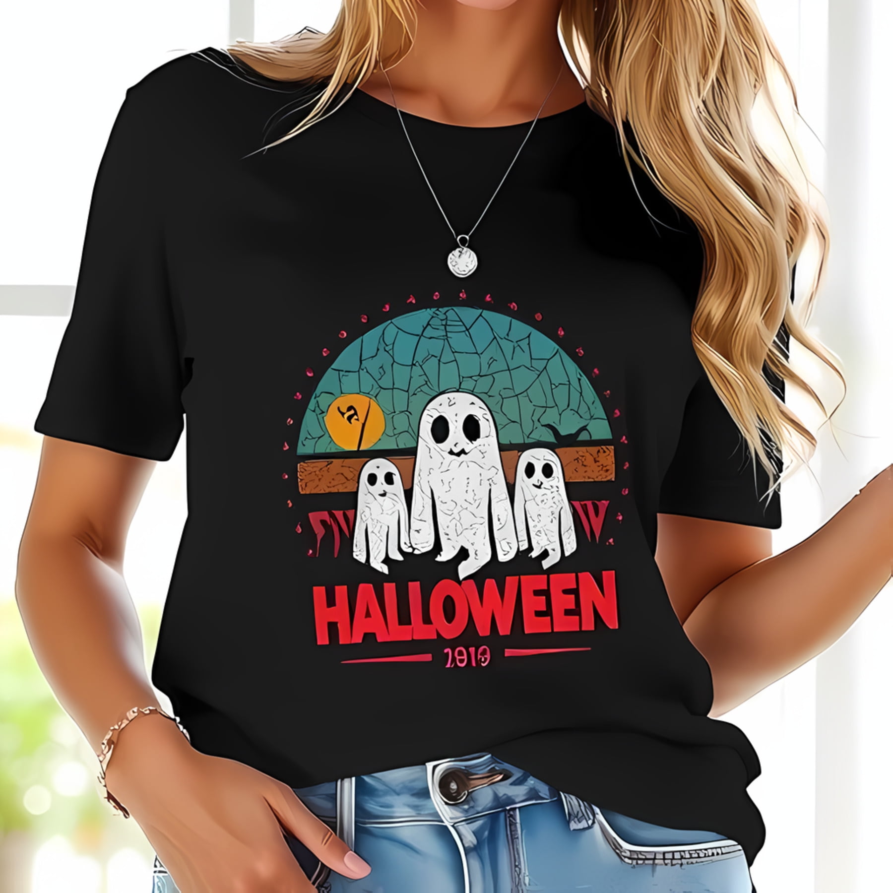 Vintage Halloween Graphic Tee - Friendly Ghosts & Retro Sunset Design Relaxed Fit Cotton Short ...