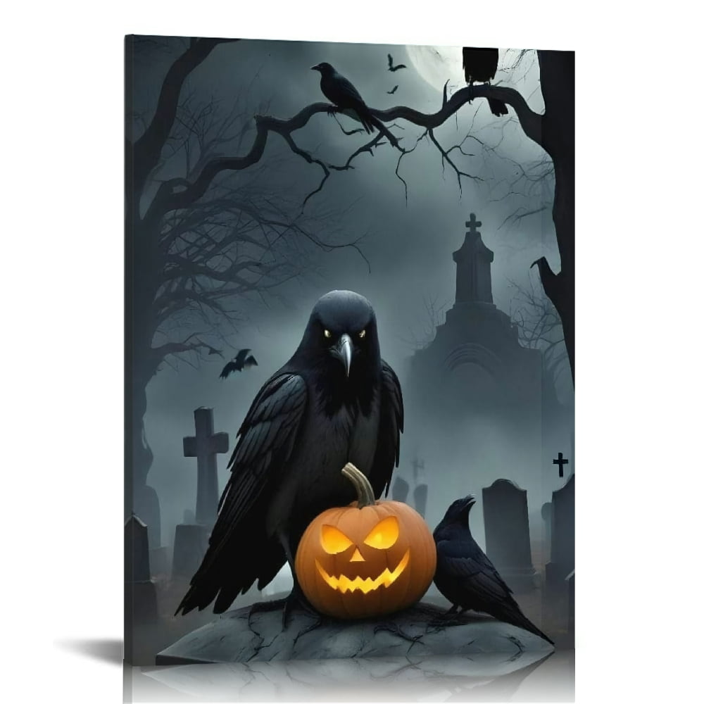 Vintage Halloween Pumpkin and Crow Canvas Wall Art Painting ，Gothic ...