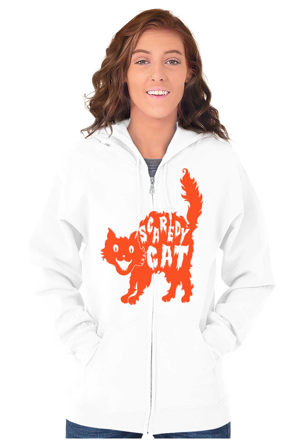 Vintage Halloween Scaredy Cat Cute Zip Hoodie Sweatshirt Women Brisco ...