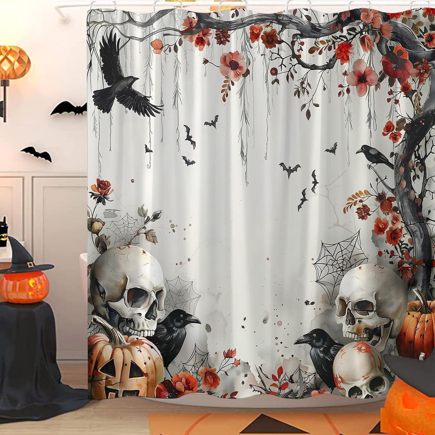 Vintage Halloween Shower Curtain Gothic Creepy Skull Skeleton Floral ...