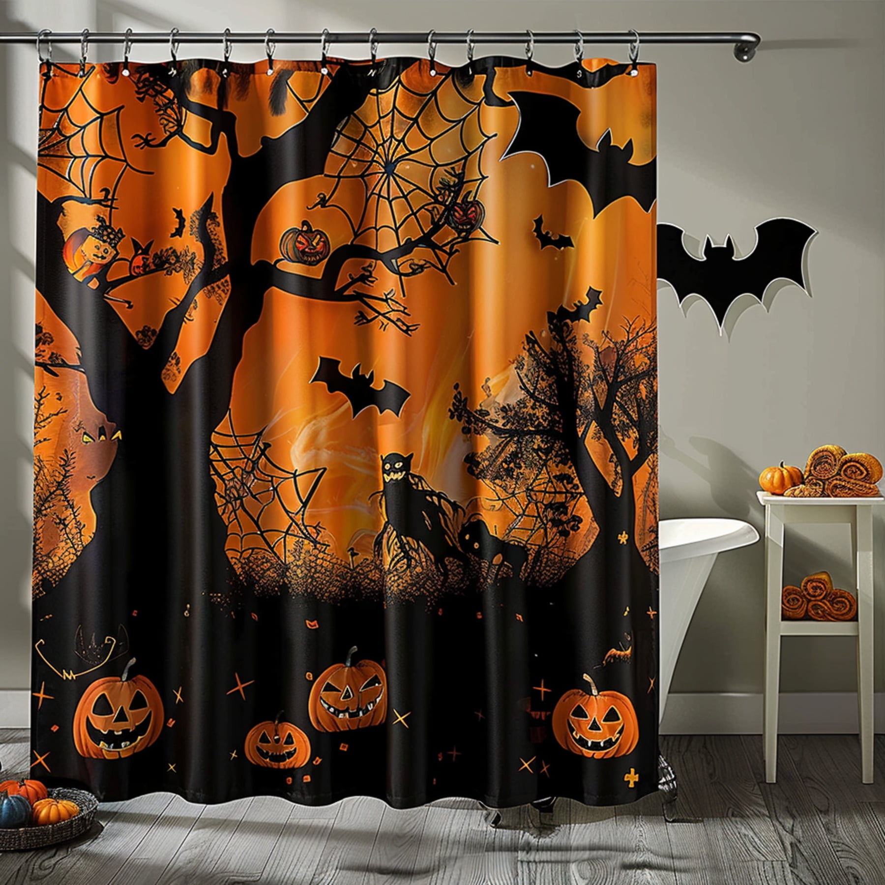 Vintage Halloween Shower Curtain With Bat And Spider Web Design Perfect
