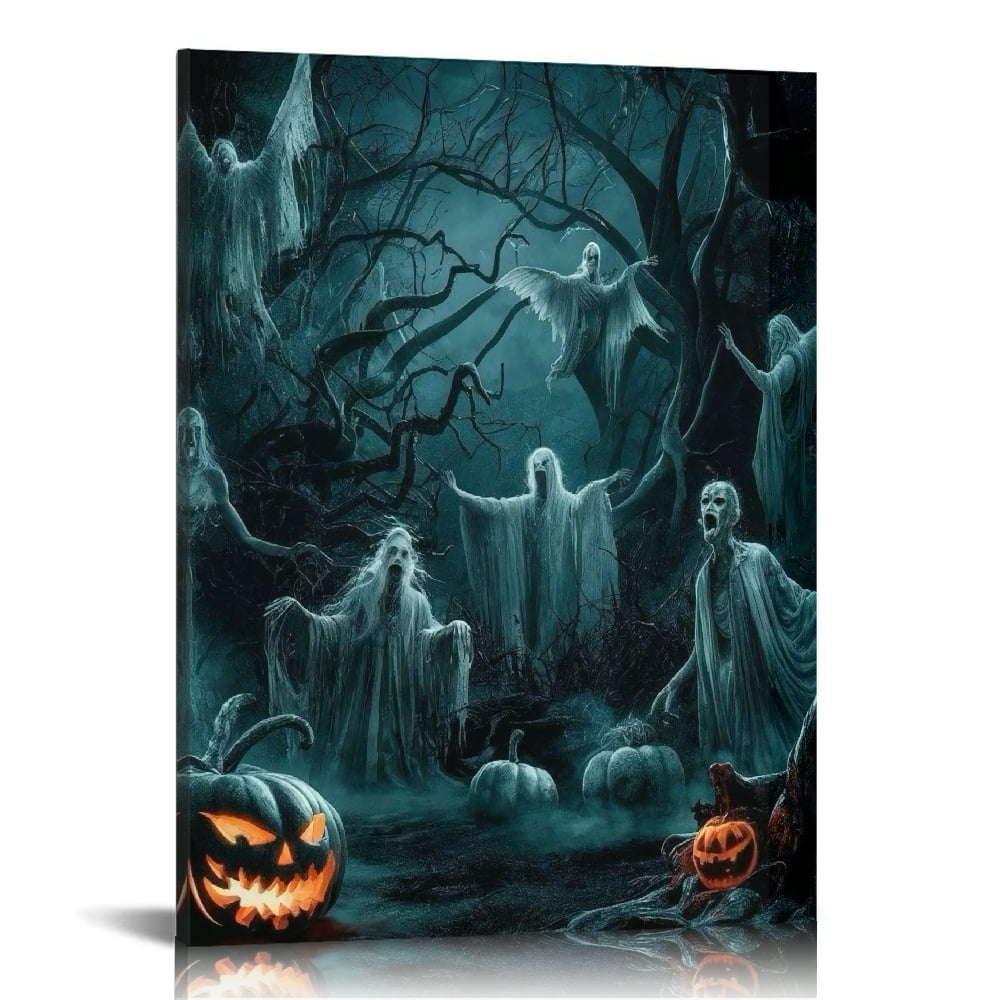 Vintage Halloween Strange Ghosts and Shining Pumpkins Canvas Wall Art Painting ，Gothic Print ...
