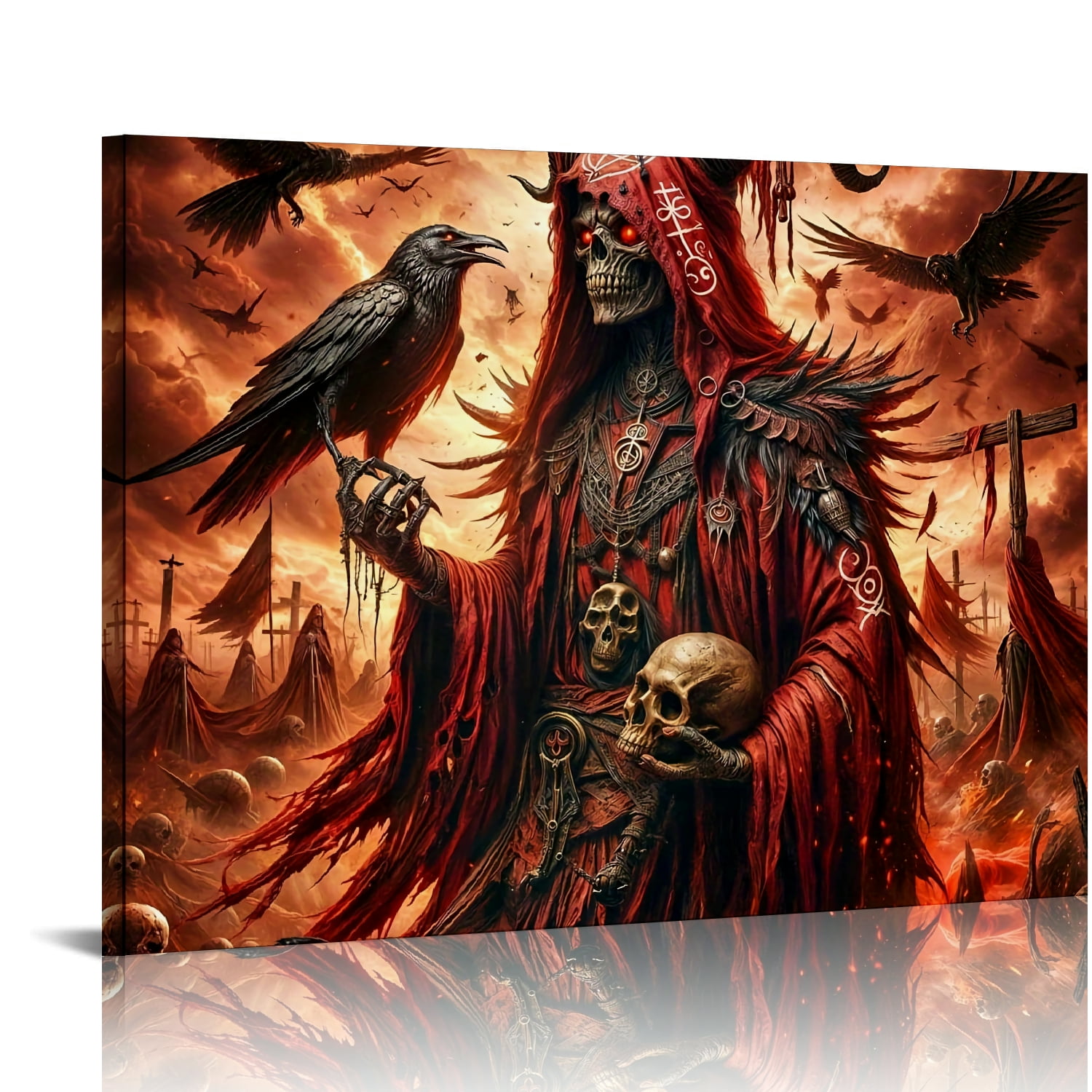 Vintage Halloween Terrifying Skeleton Man and Crow Canvas Wall Art ...