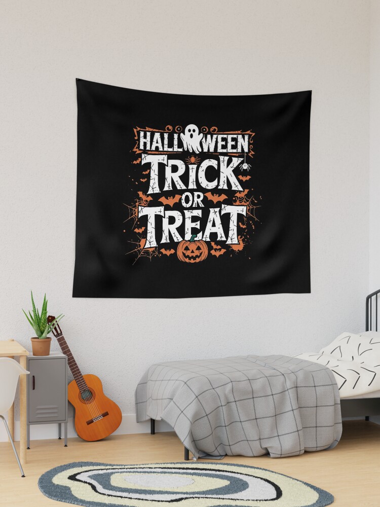 Vintage Halloween Trick or Treat Design with Ghost, Pumpkin, Bats, and ...