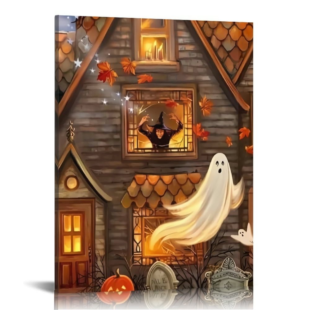Vintage Halloween Witch Ghost and Pumpkin Theme Canvas Wall Art ...