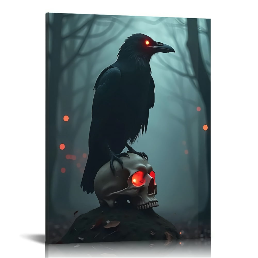 Vintage Halloween The crow on the skull Canvas Wall Art Painting ...