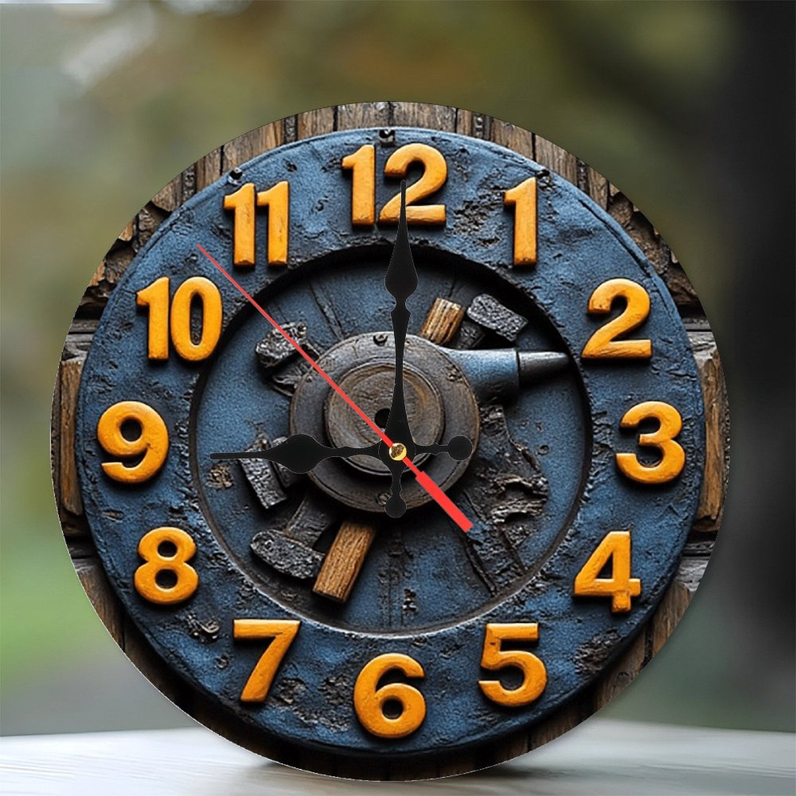 Vintage Hammer Clock Wall Decor 10-Inch Silent Wooden Wall Clock ...