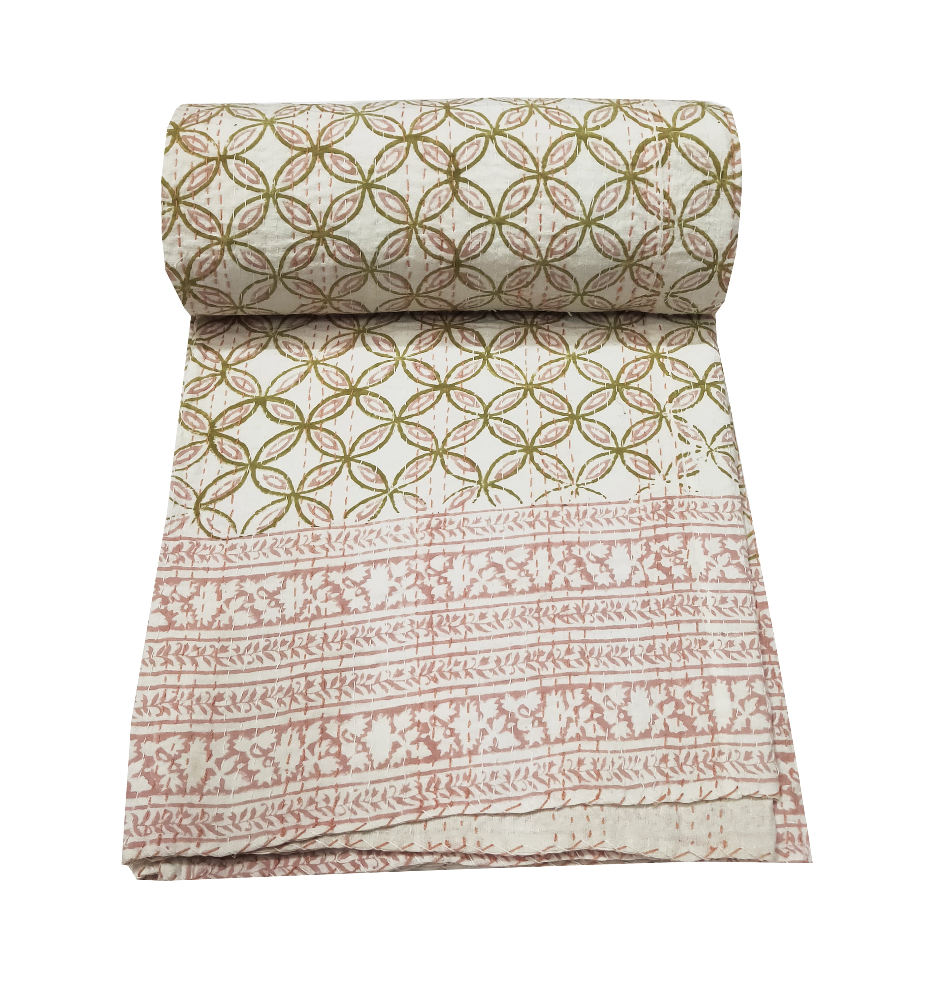 Vintage Hand Block Floral Print Quilt Queen Kantha Quilt Cotton Kantha ...