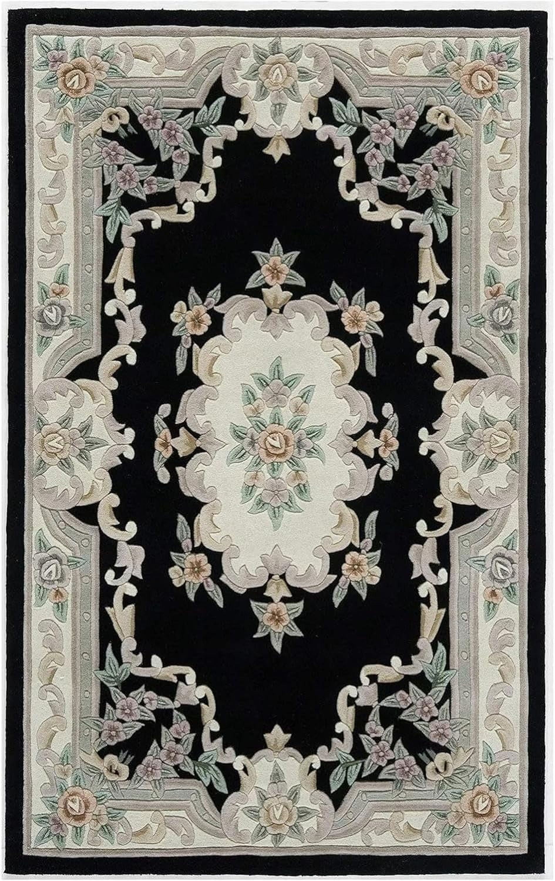 Eclatique Rug Aubusson Design Area Rug, Floral Hand Tufted Black Rug, 9 ...