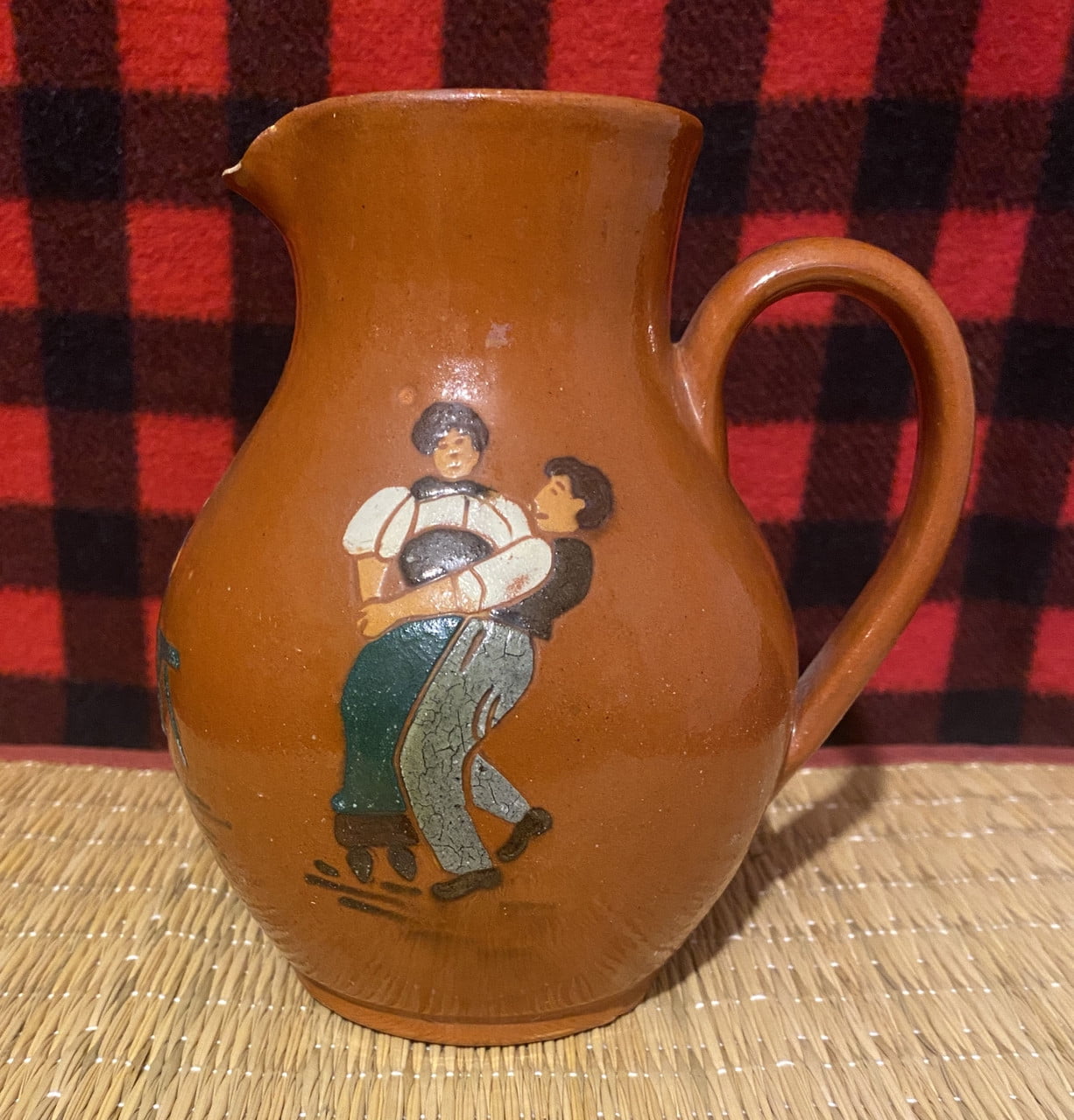 Vintage Handmade Red Clay Pitcher with Mediterranean Dancers, Accordian ...