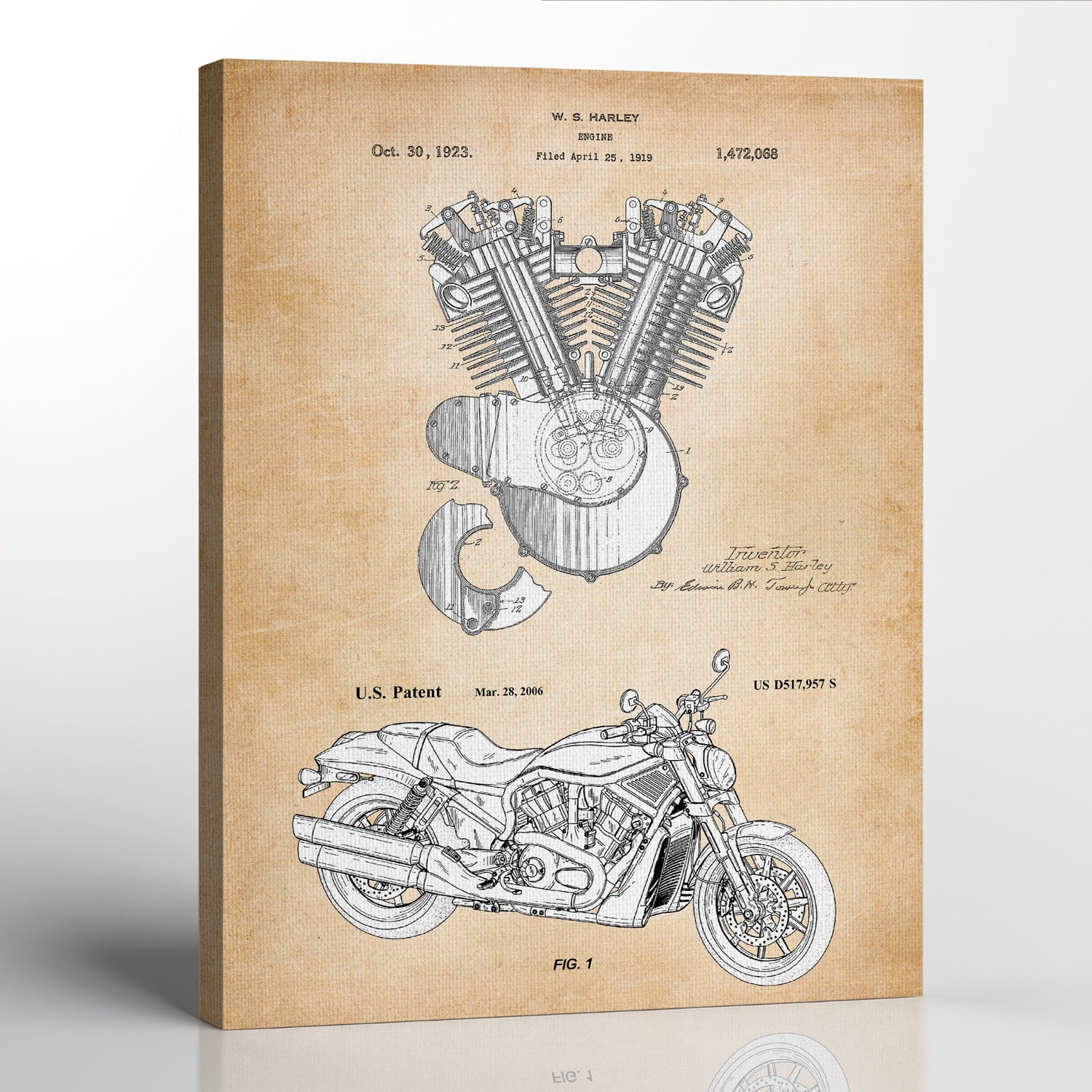 Vintage Harley Davidson Engine and Motorcycle Patent Canvas Frame ...