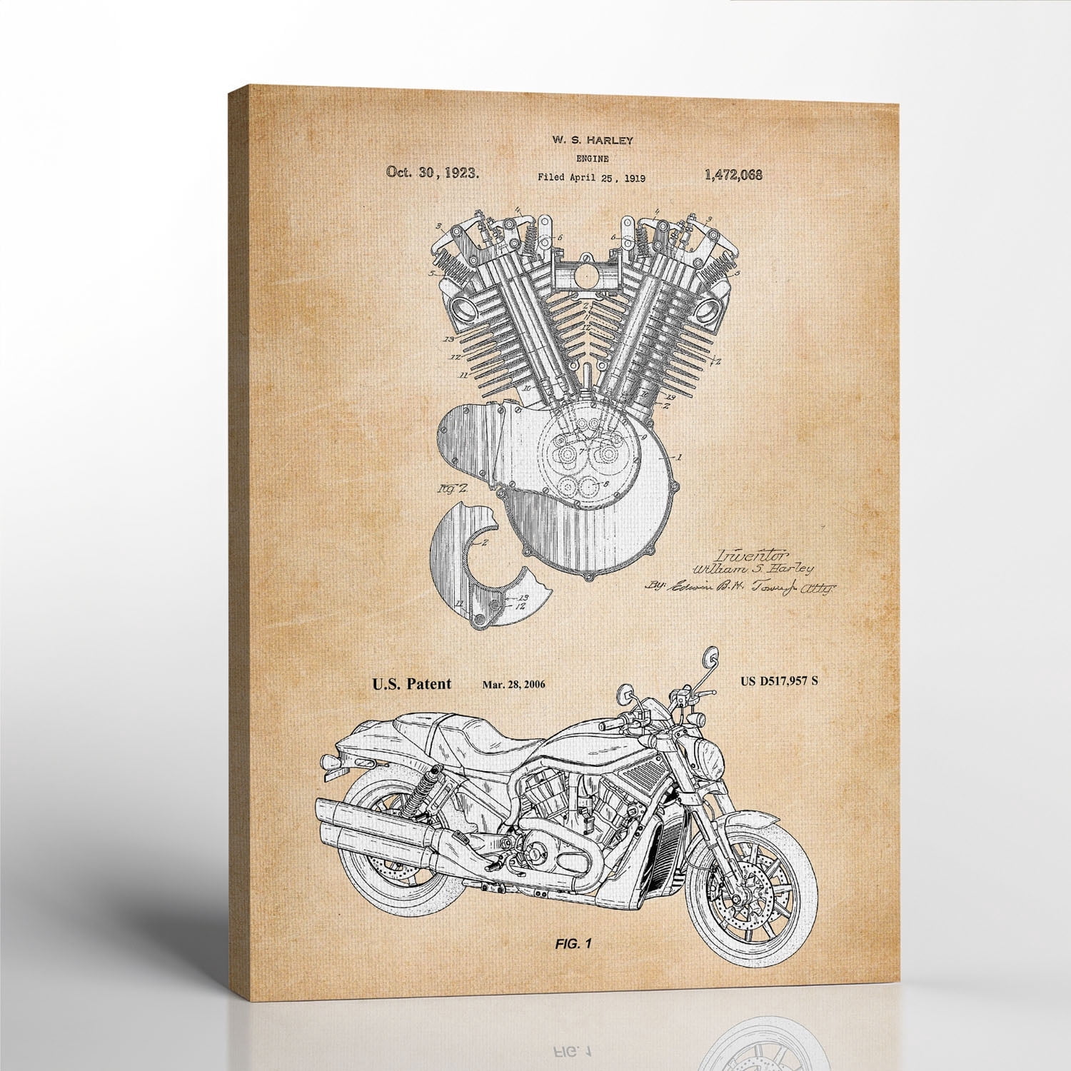 Vintage Harley Davidson Engine and Motorcycle Patent Canvas Frame ...