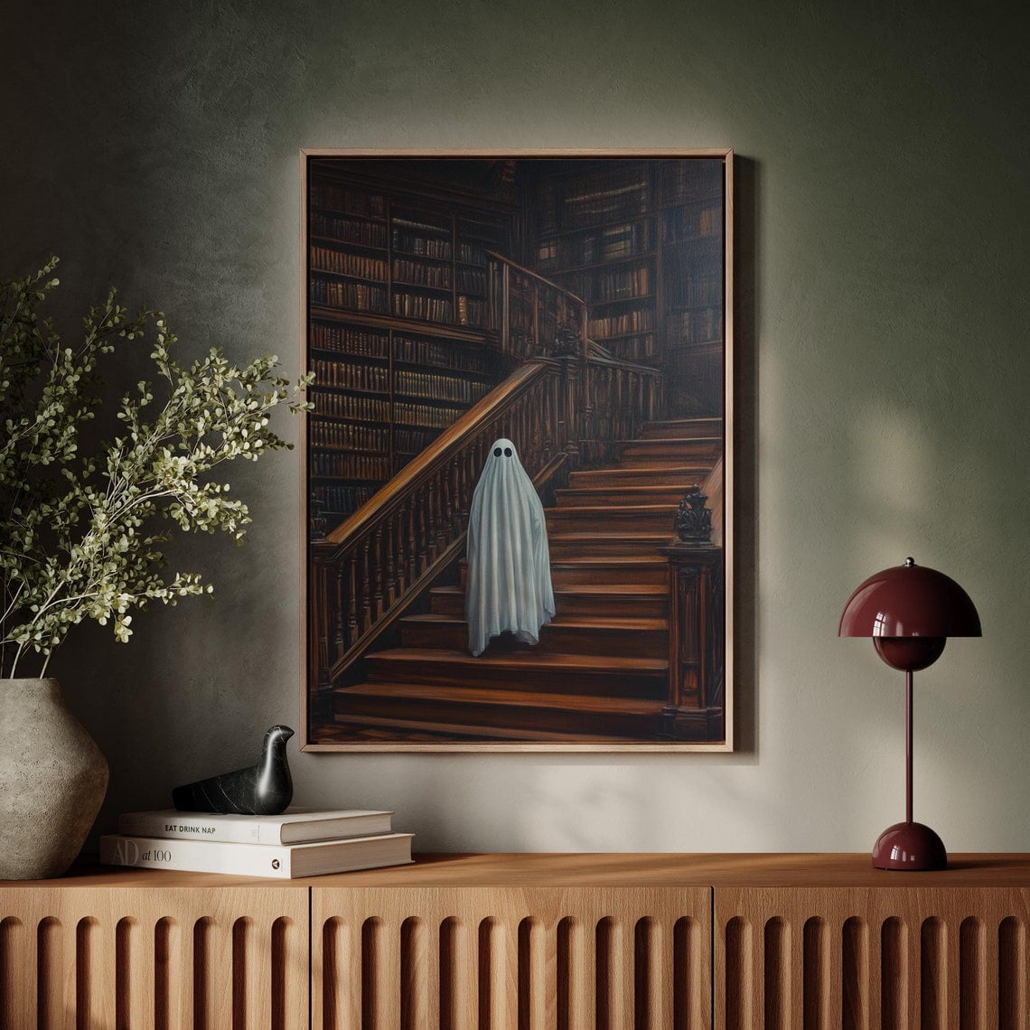 Vintage Haunted Library Ghost On Staircase Gothic Paranormal Decor Dark ...