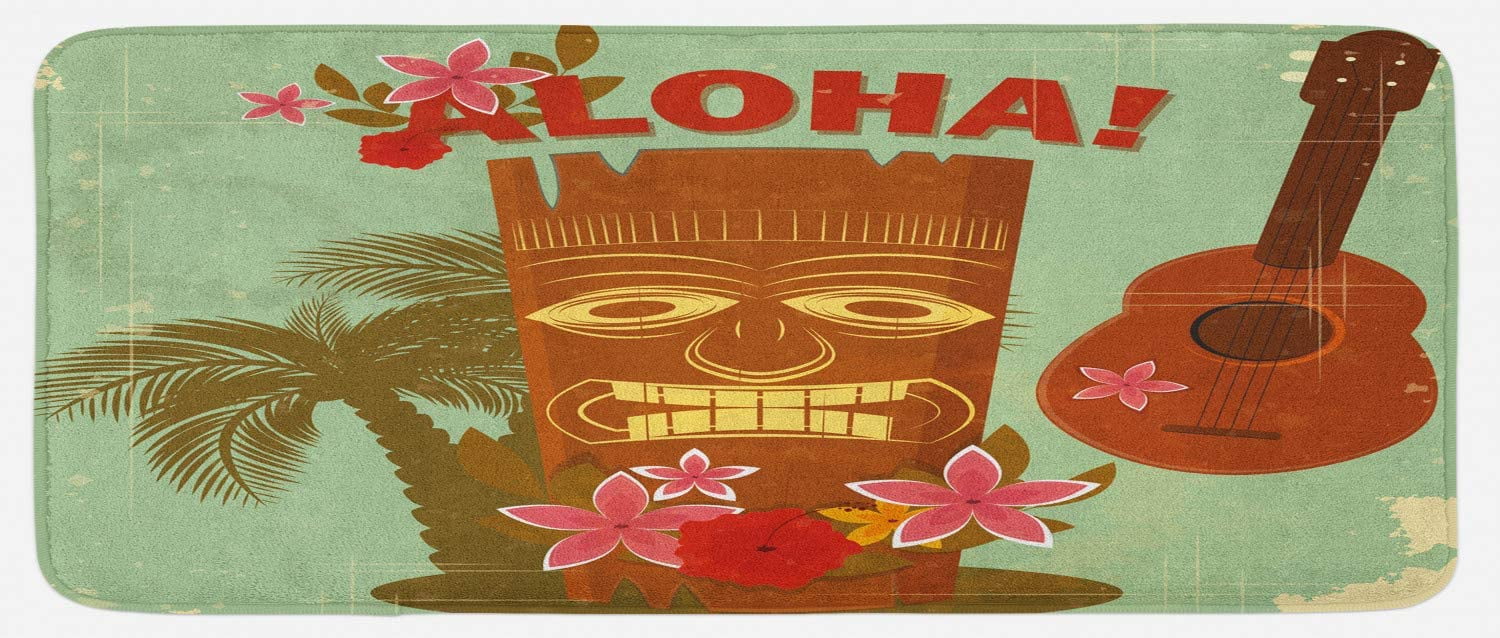 Vintage Hawaii Kitchen Mat, Retro Hawaiian Image Floral Elements Guitar ...