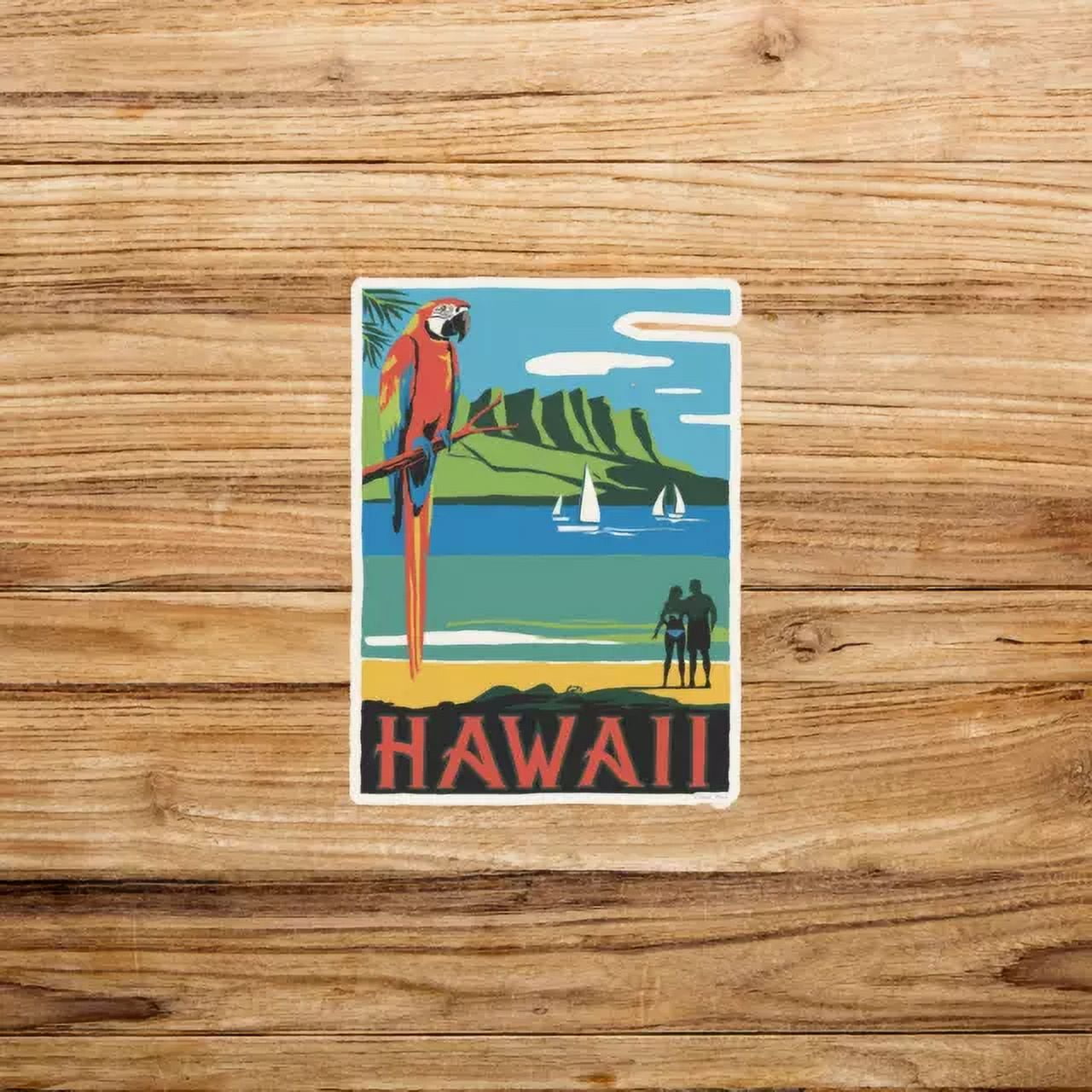Vintage Hawaii Travel Sticker - Colorful Parrot & Beach Scene ...