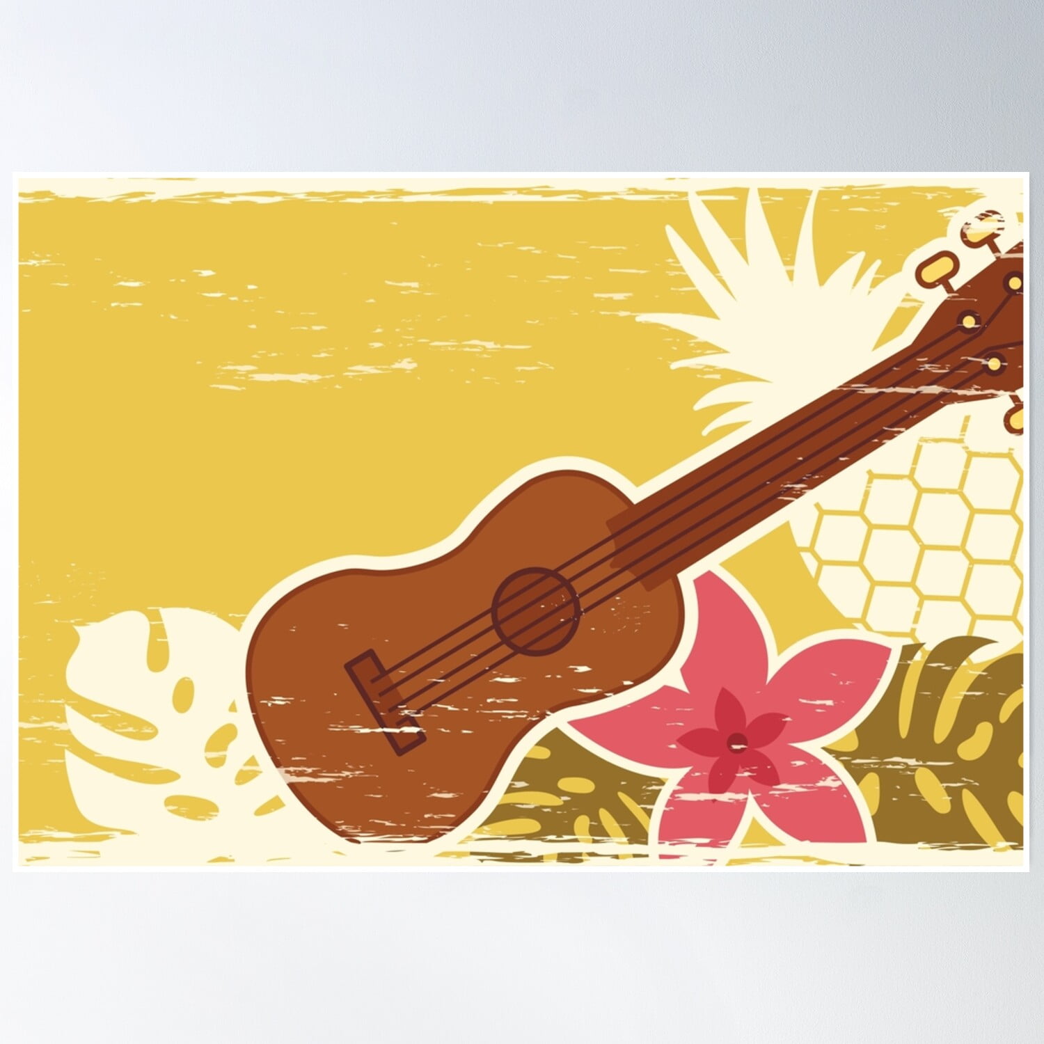 Vintage Hawaiian Ukulele With Plumeria And Pineapple On Mustard Yellow ...