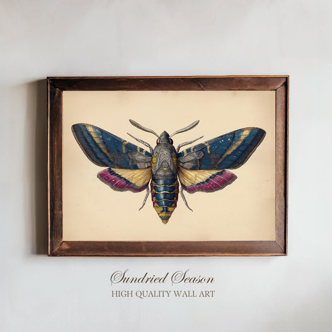 Vintage Hawk Moth Illustration Print, Colorful Entomology Insect Wall ...