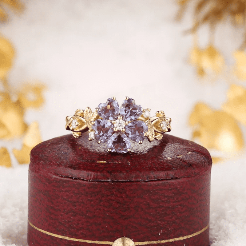 Vintage Heart Cut Alexandrite Floral Promise Ring in 14K Yellow Gold ...