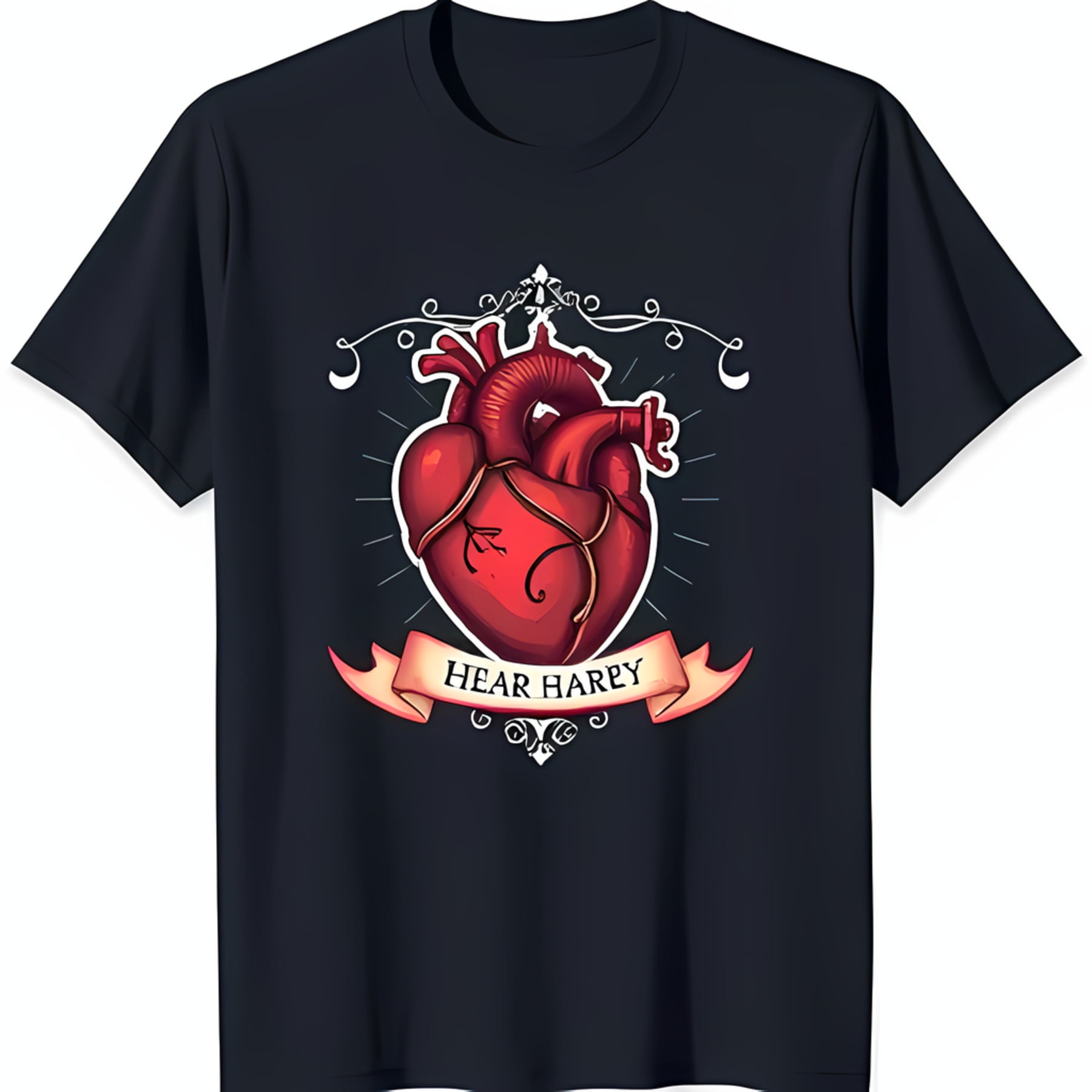 Vintage Heart Illustration Black T-Shirt with 'Hear Harpy' Banner ...