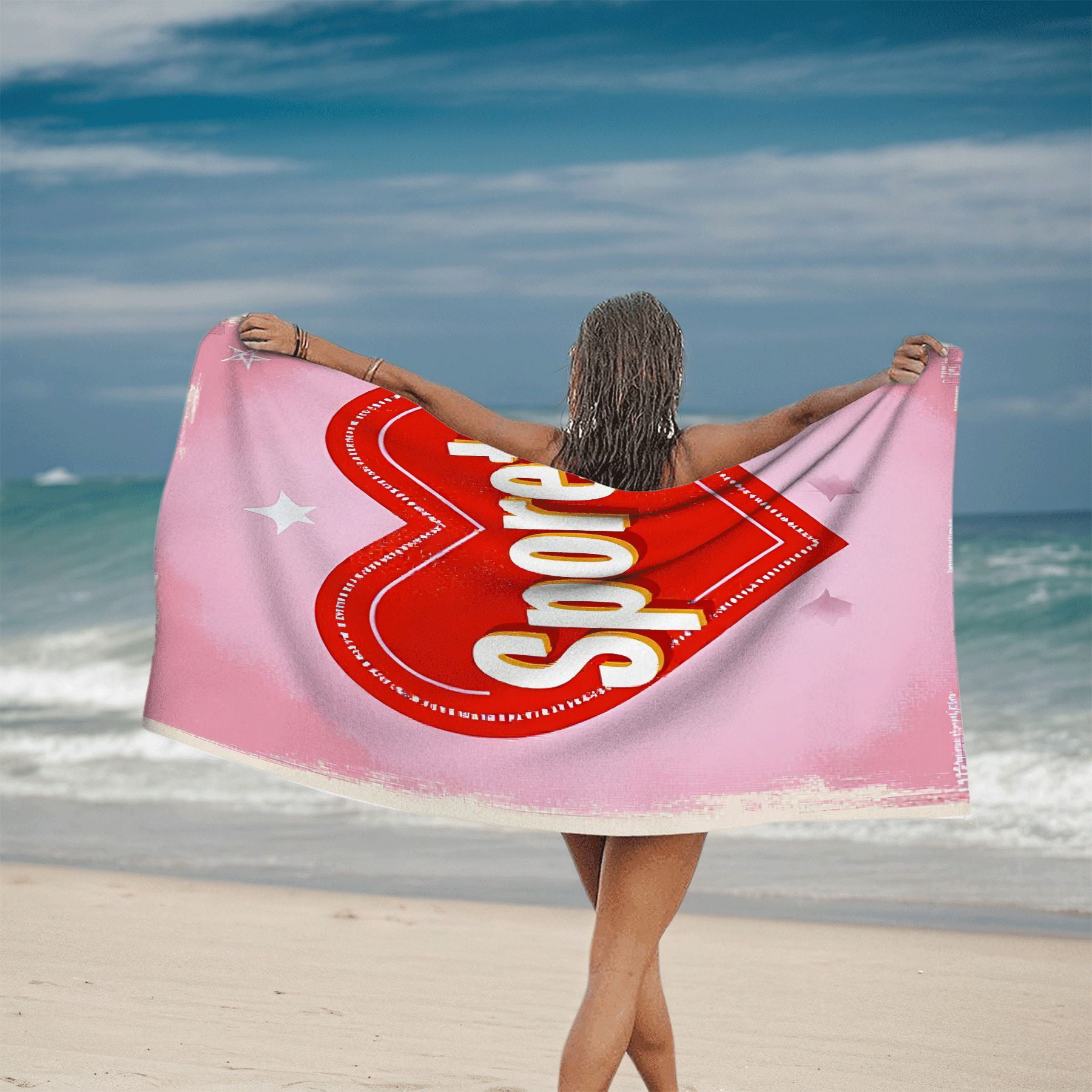 Vintage Heart-Shaped Sports Towel - Soft Pink with Yellow Bold Letters ...