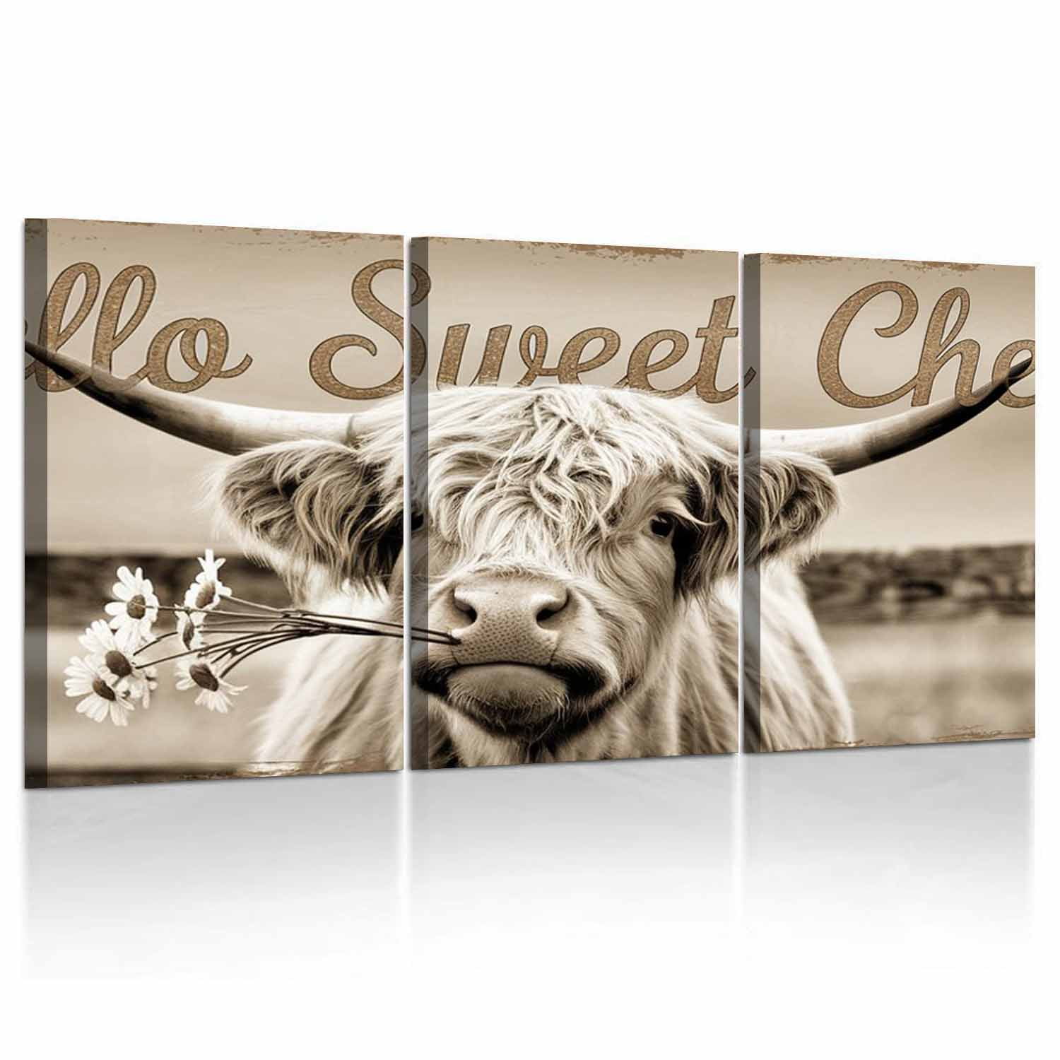 Vintage Hello Sweet Cheeks Highland Cow Canvas Wall Art Print for ...