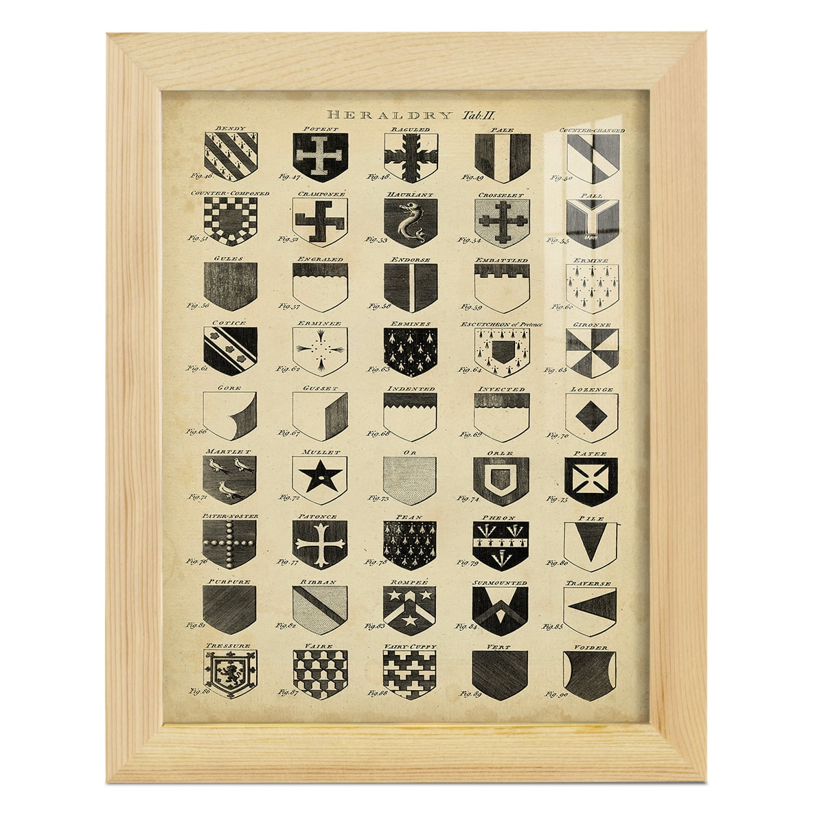 Vintage Heraldry II -Framed Print w/glass-Natural Wood - Walmart.com