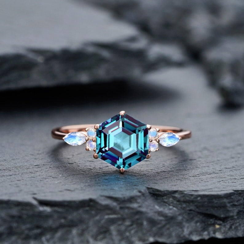 Vintage Hexagon Alexandrite and Marquise Moonstone Engagement Ring ...