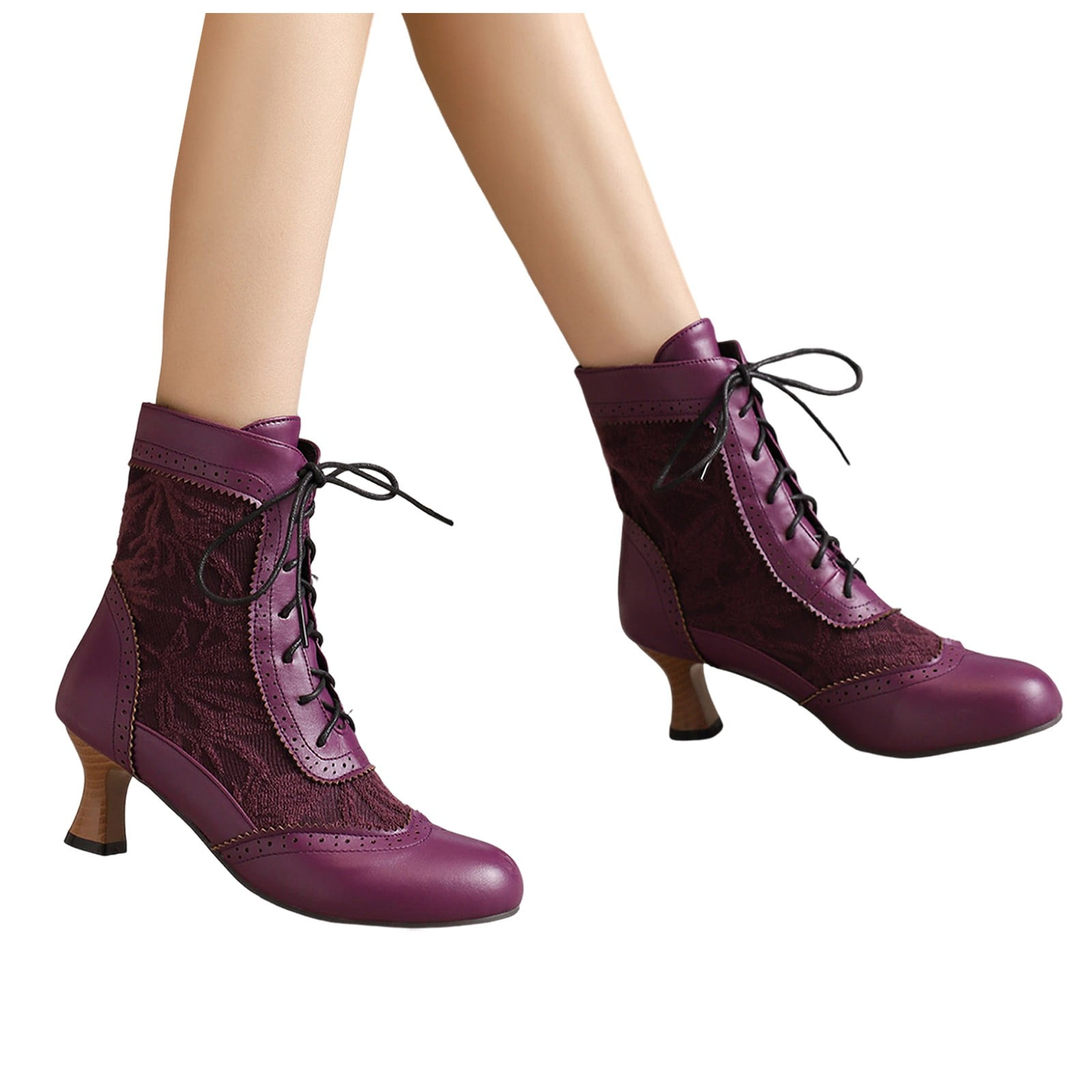 Vintage High Heels Dress Combat Boots for Women Lace Leather Patchwork ...