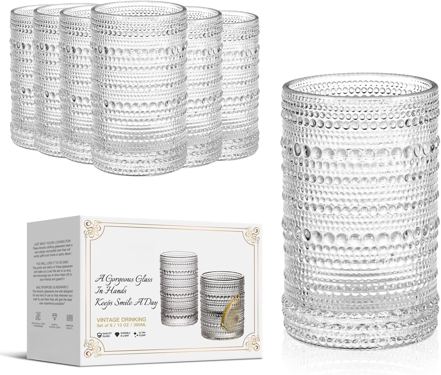 Vintage Highball Drinking Glass Set of 12 - Kitchen Glasses Cup for ...