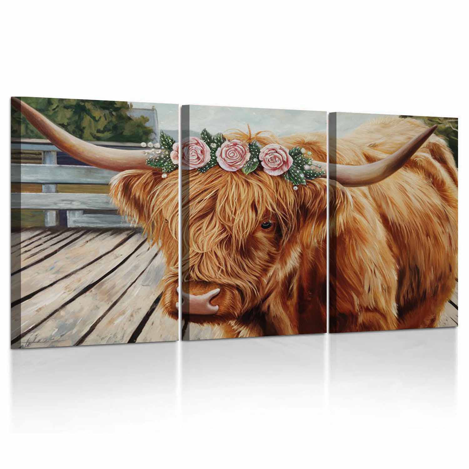 Vintage Highland Cow 3 Panels Modern Canvas Wall Art Print, Abstract ...